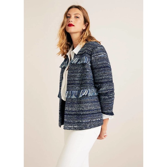 Mango | Jackets & Coats | Violeta By Mango Fringe Tweed Blazer Jacket S Navy Blue Metallic ...
